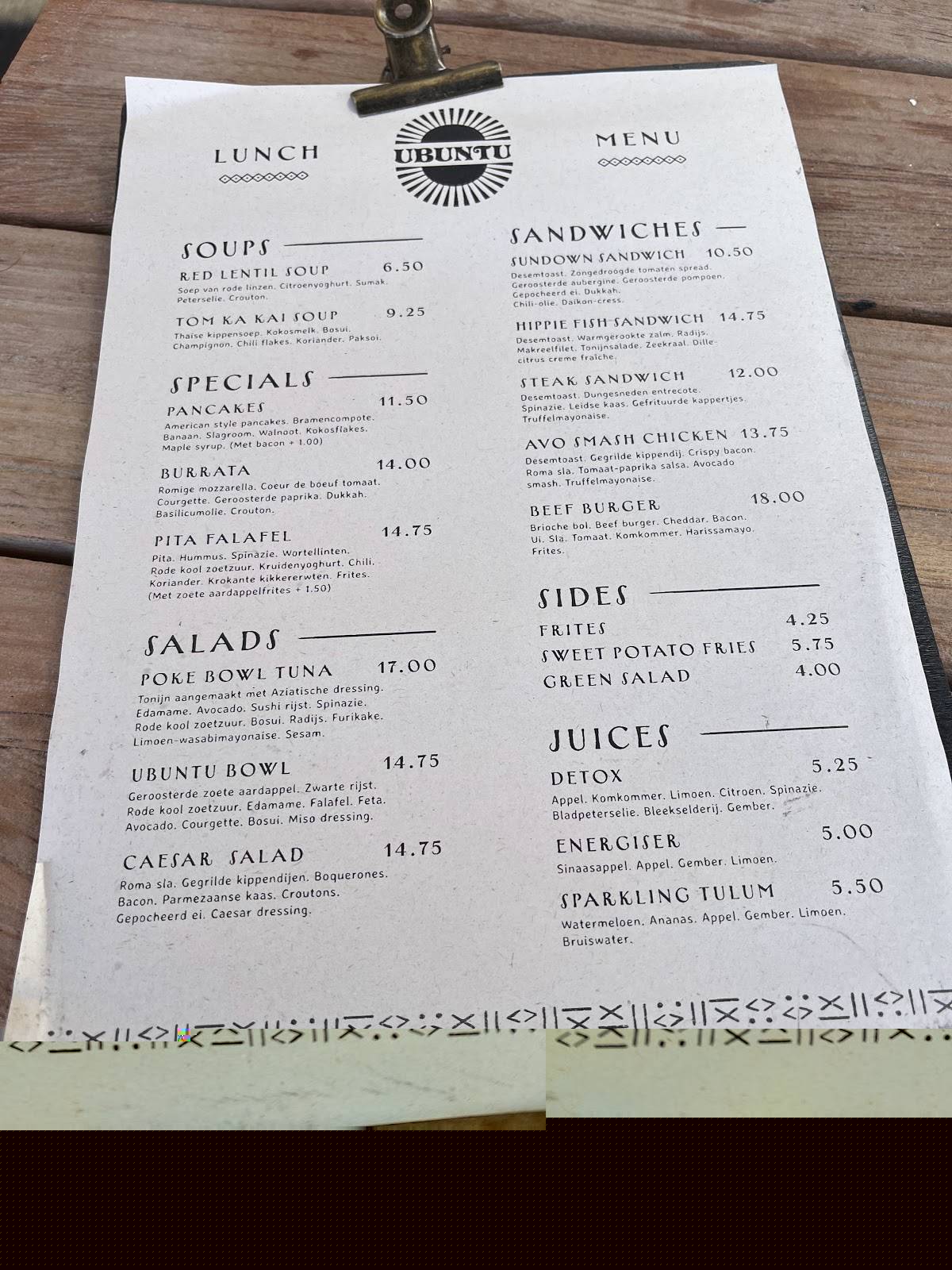 Speisekarte von Ubuntu Strandbar, Zandvoort