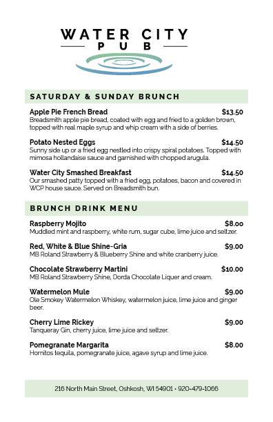 Menu at Water City Pub, Oshkosh