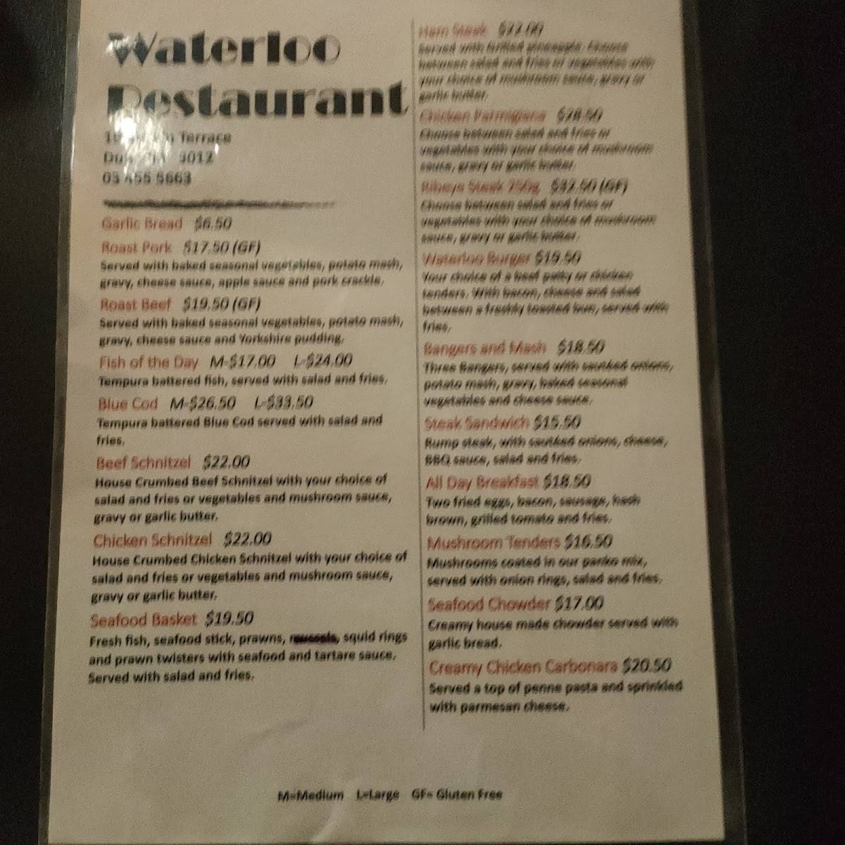 Menu at Waterloo Hotel pub & bar, Dunedin