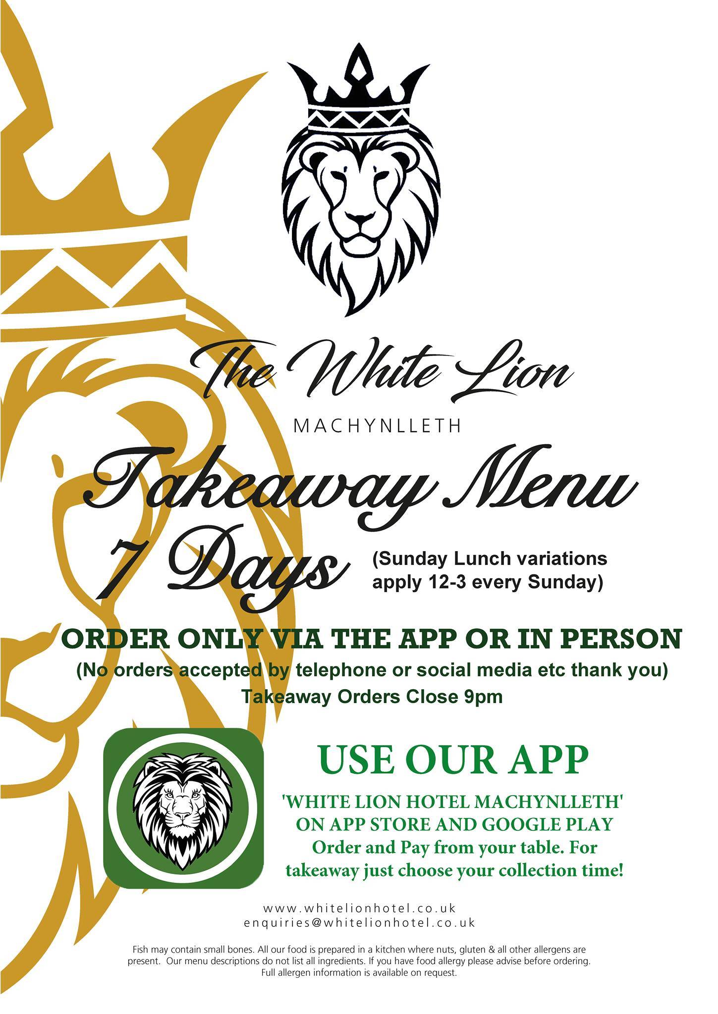 Menu at White Lion Hotel pub & bar, Machynlleth