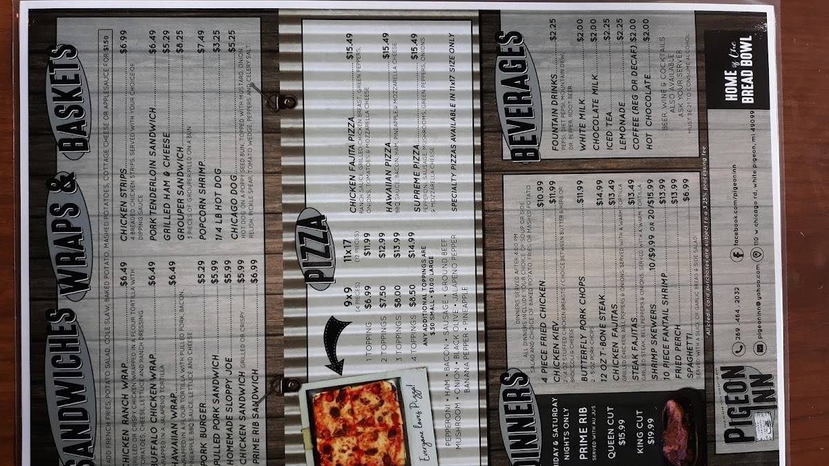 Menu at White Pigeon Inn pub & bar, White Pigeon