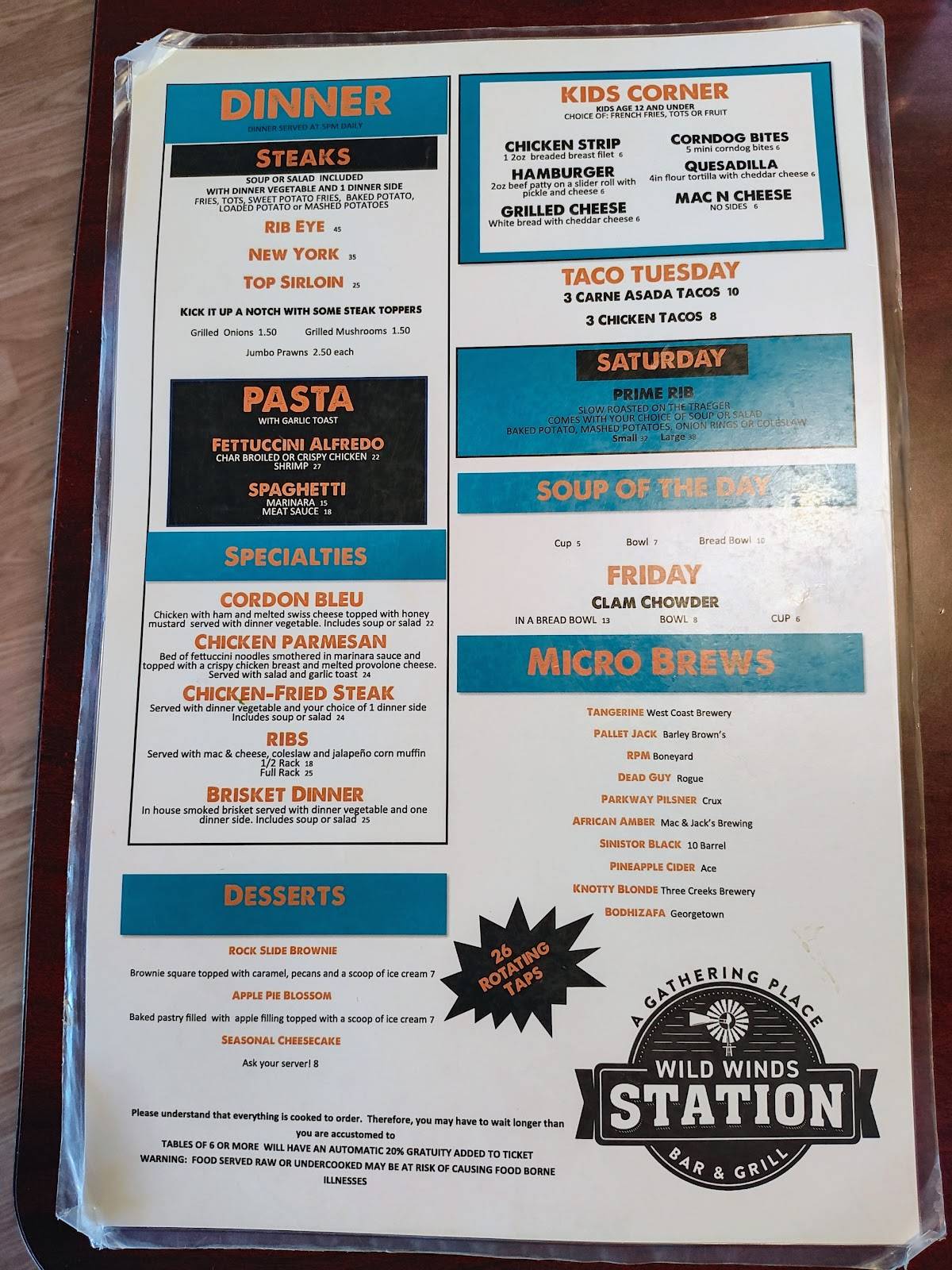 Menu at Wild Winds Station pub & bar, Madras