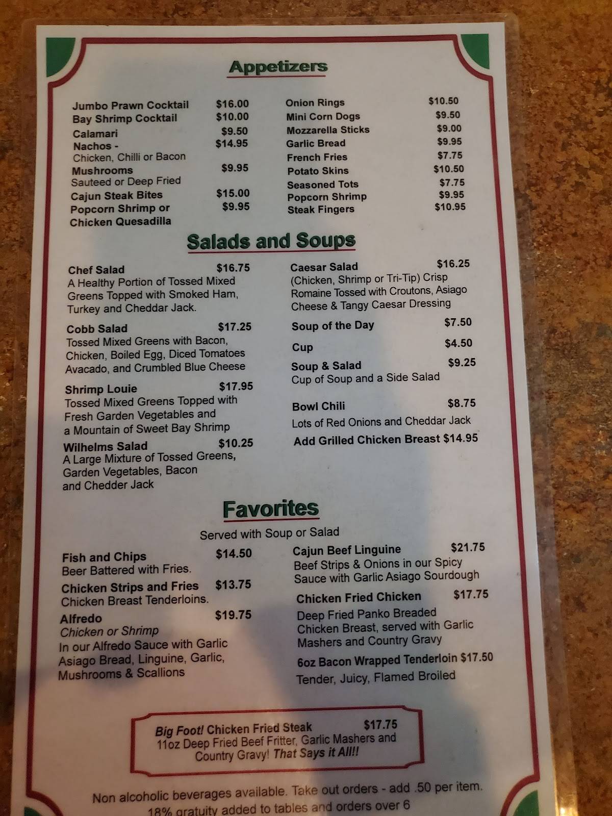 Menu at Wilhelm's Spirits & Eatery pub & bar, Albany