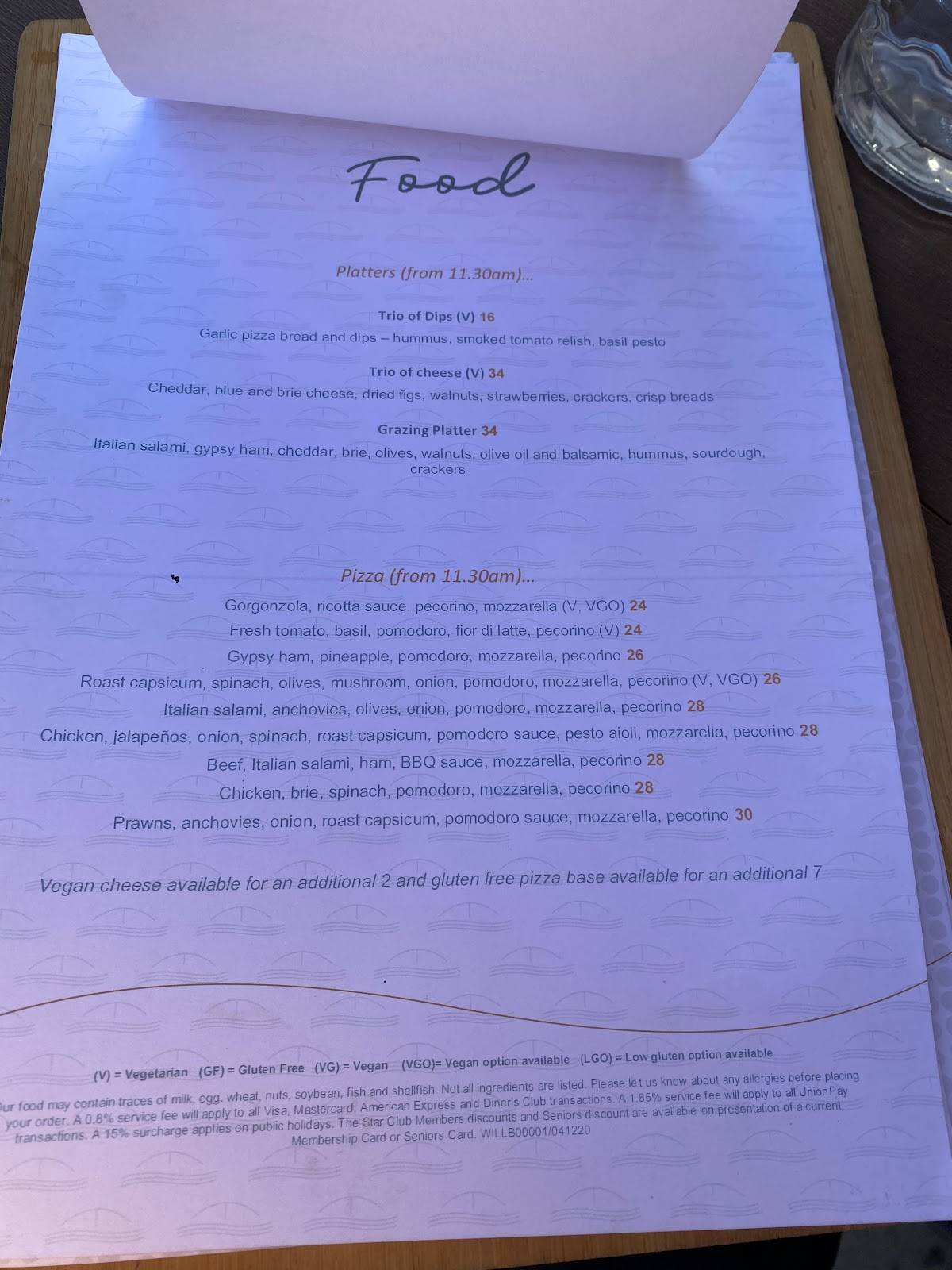 Menu at Will & Flow pub & bar, Brisbane City