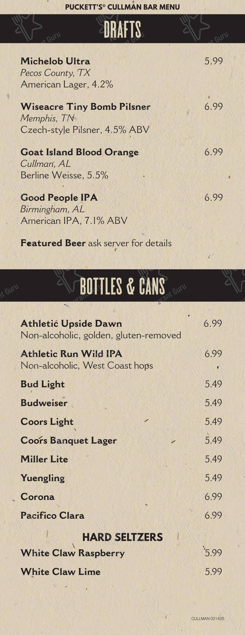 Menu at Puckett's Restaurant, Cullman