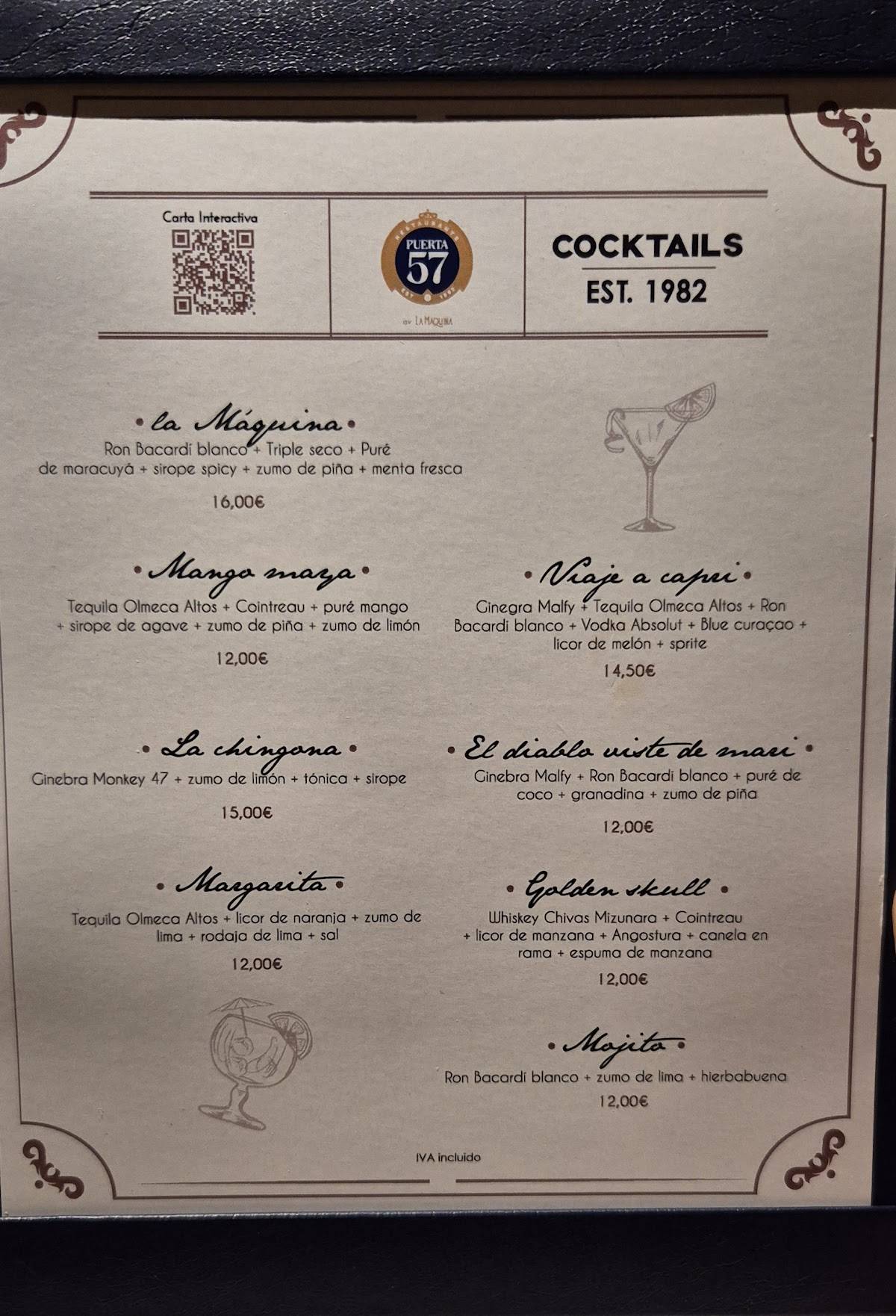 Menu at Puerta 57 pub & bar, Madrid, Estadio Santiago Bernabéu