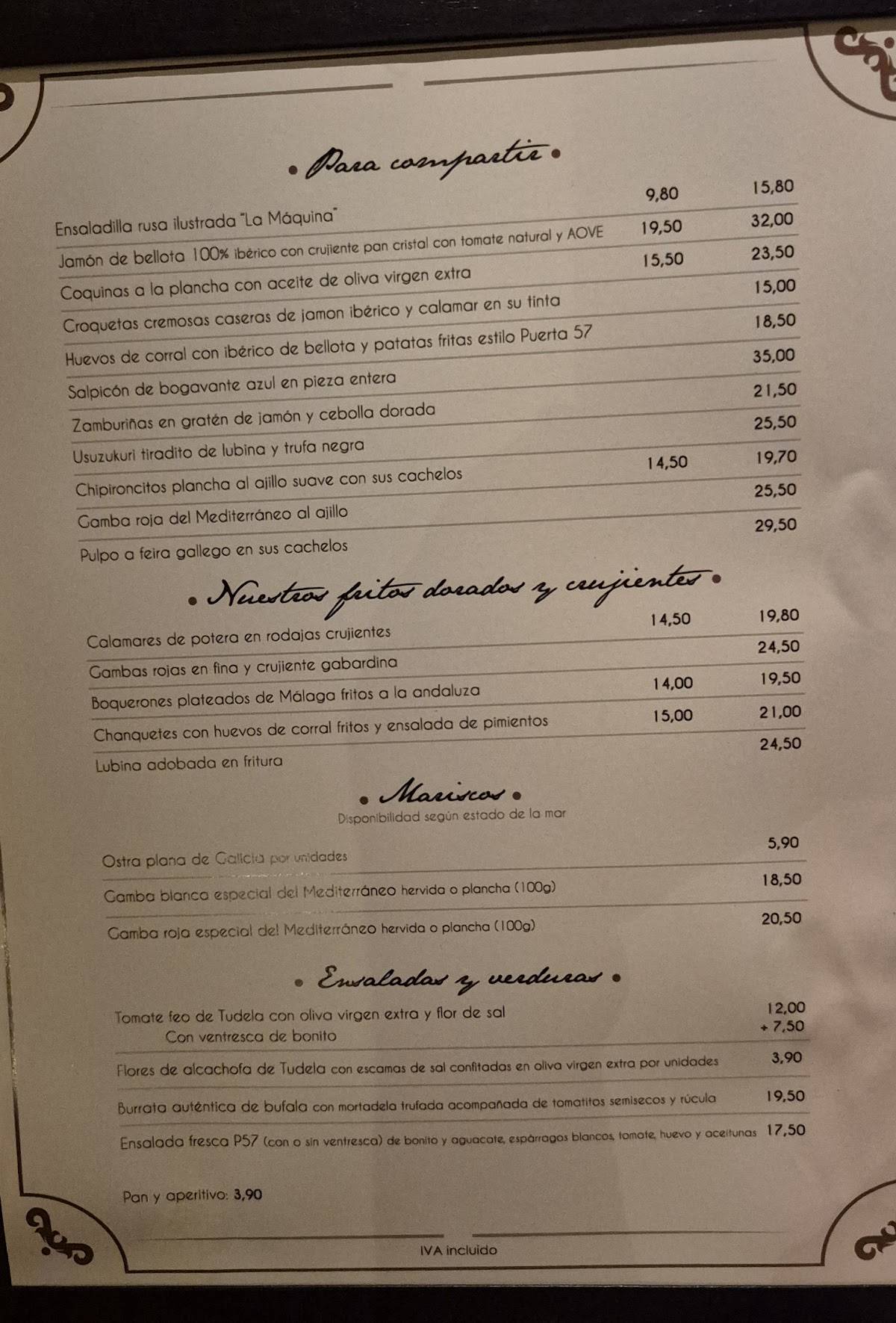 Carta del pub y bar Puerta 57, Madrid, Estadio Santiago Bernabéu