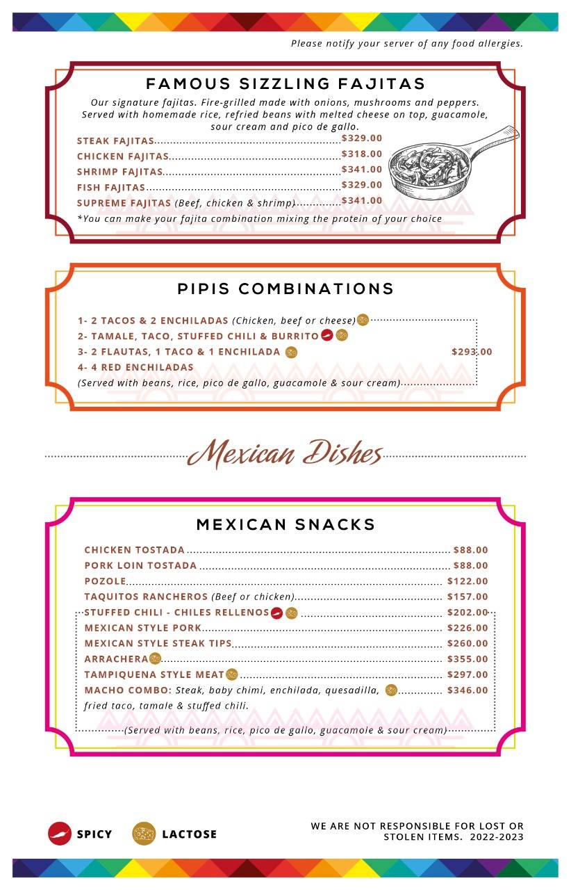 Menu at Pipis restaurant, Puerto Vallarta