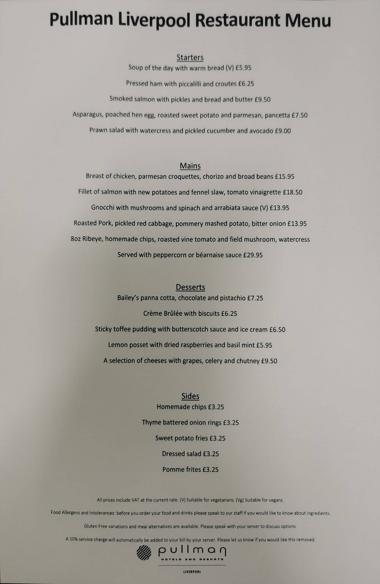 Menu at Pullman Liverpool restaurant, Liverpool
