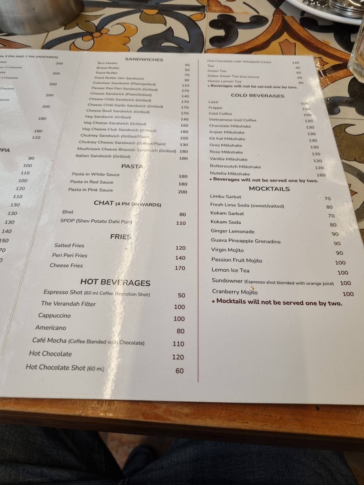Menu at Verandah, Pune