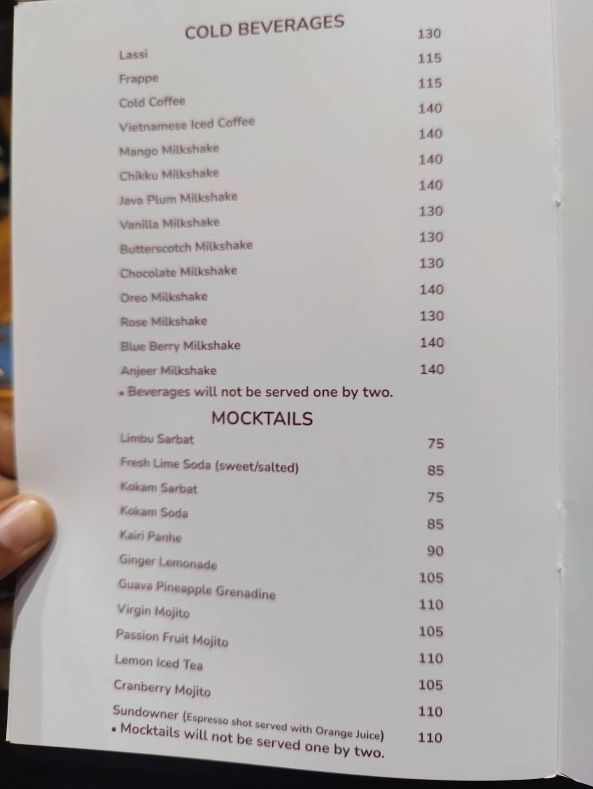 Menu at Verandah, Pune