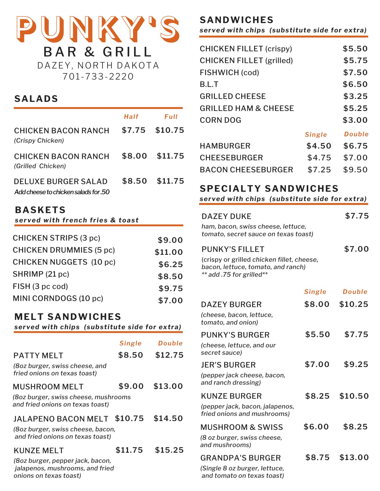 Menu at Punky's pub & bar, Dazey