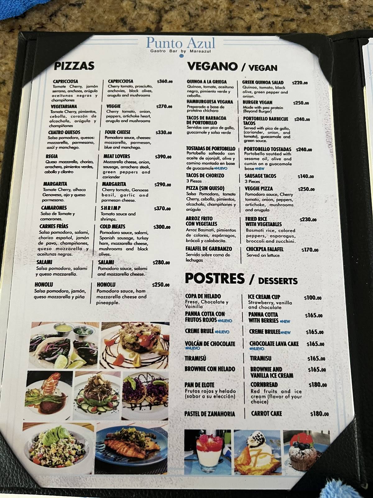 Menu at Punto Azul restaurant, Playa del Carmen