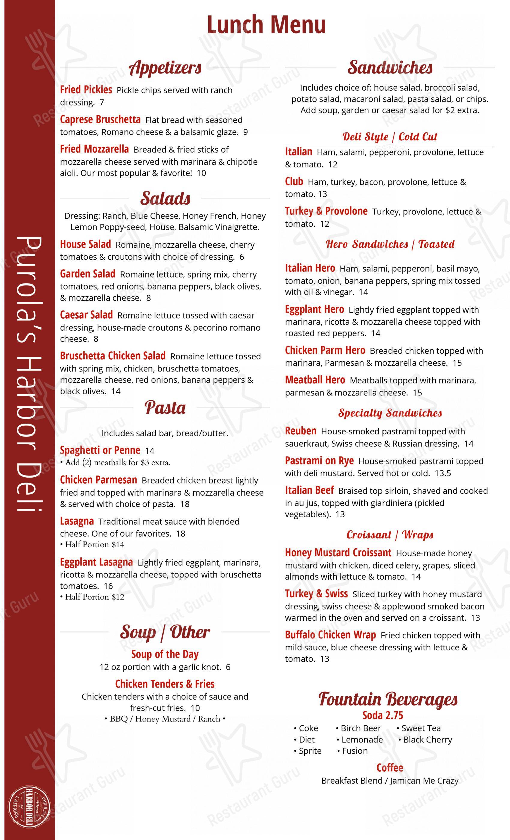Menu at Purola's Harbor Deli restaurant, Ashtabula, Lake Ave