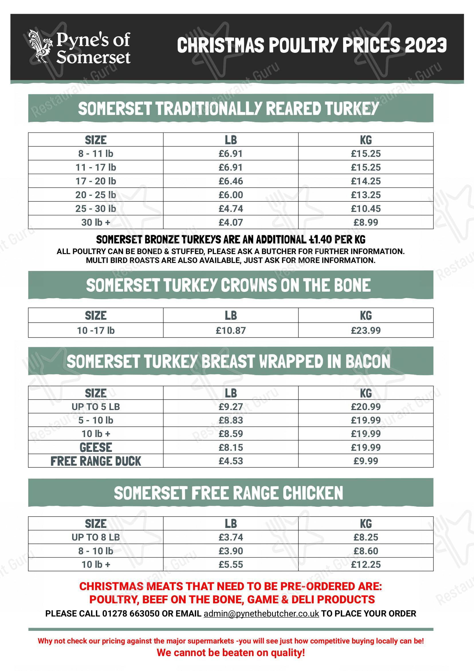 Menu at Pynes Of Somerset restaurant, North Petherton