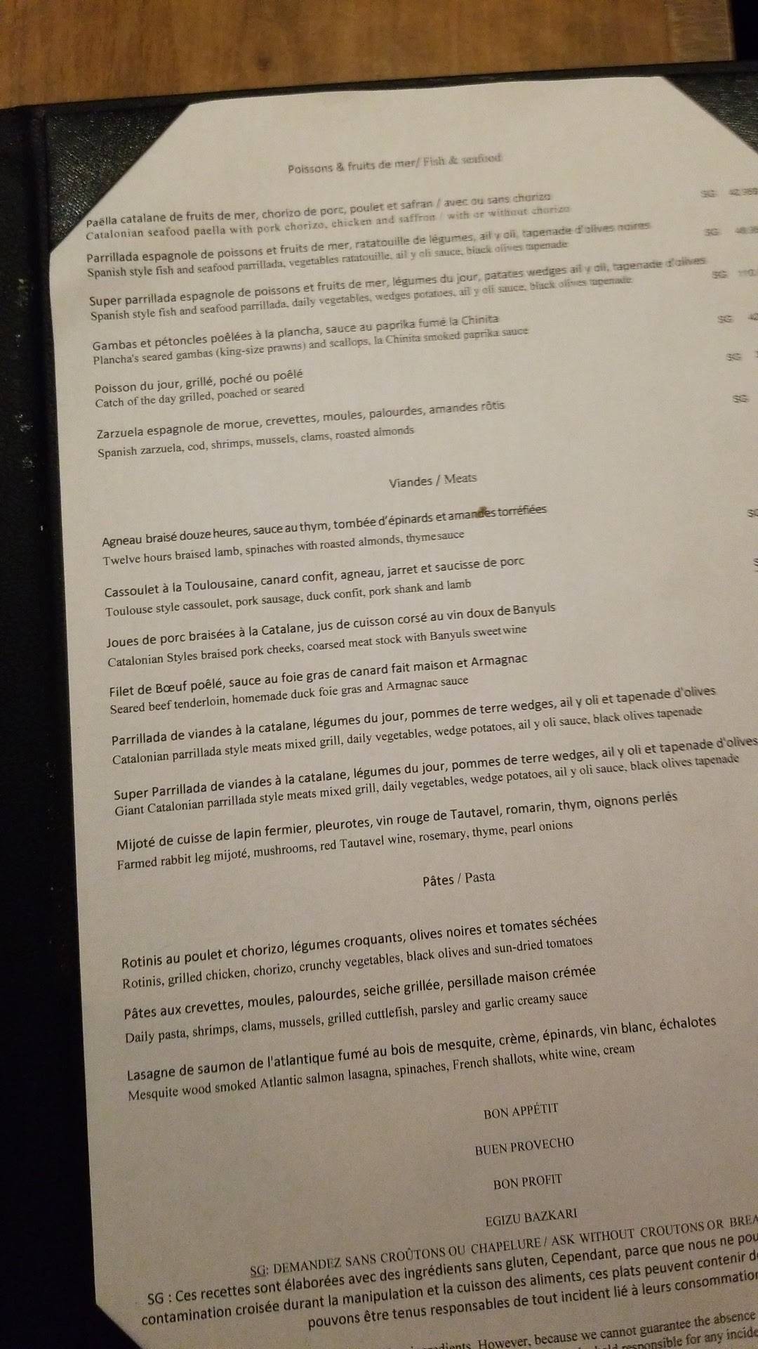 Menu au Les Pyrénées restaurant, Montréal