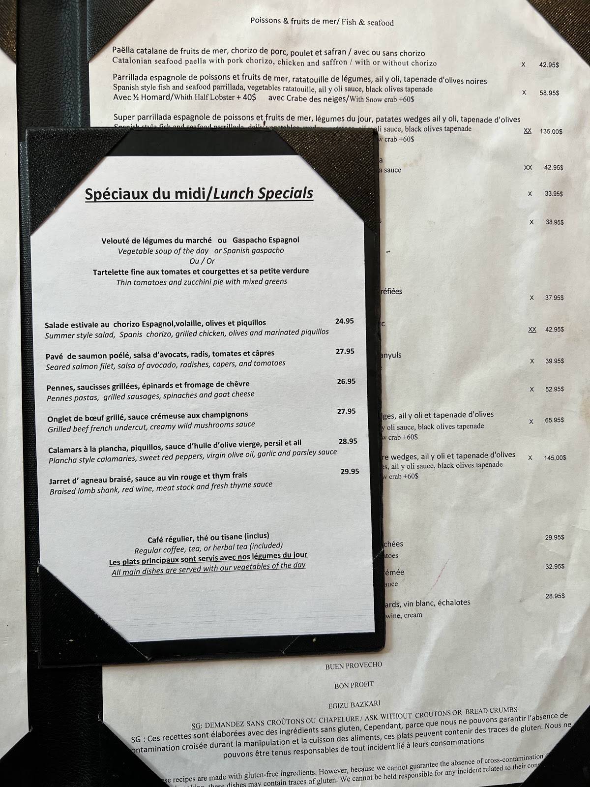 Menu au Les Pyrénées restaurant, Montréal