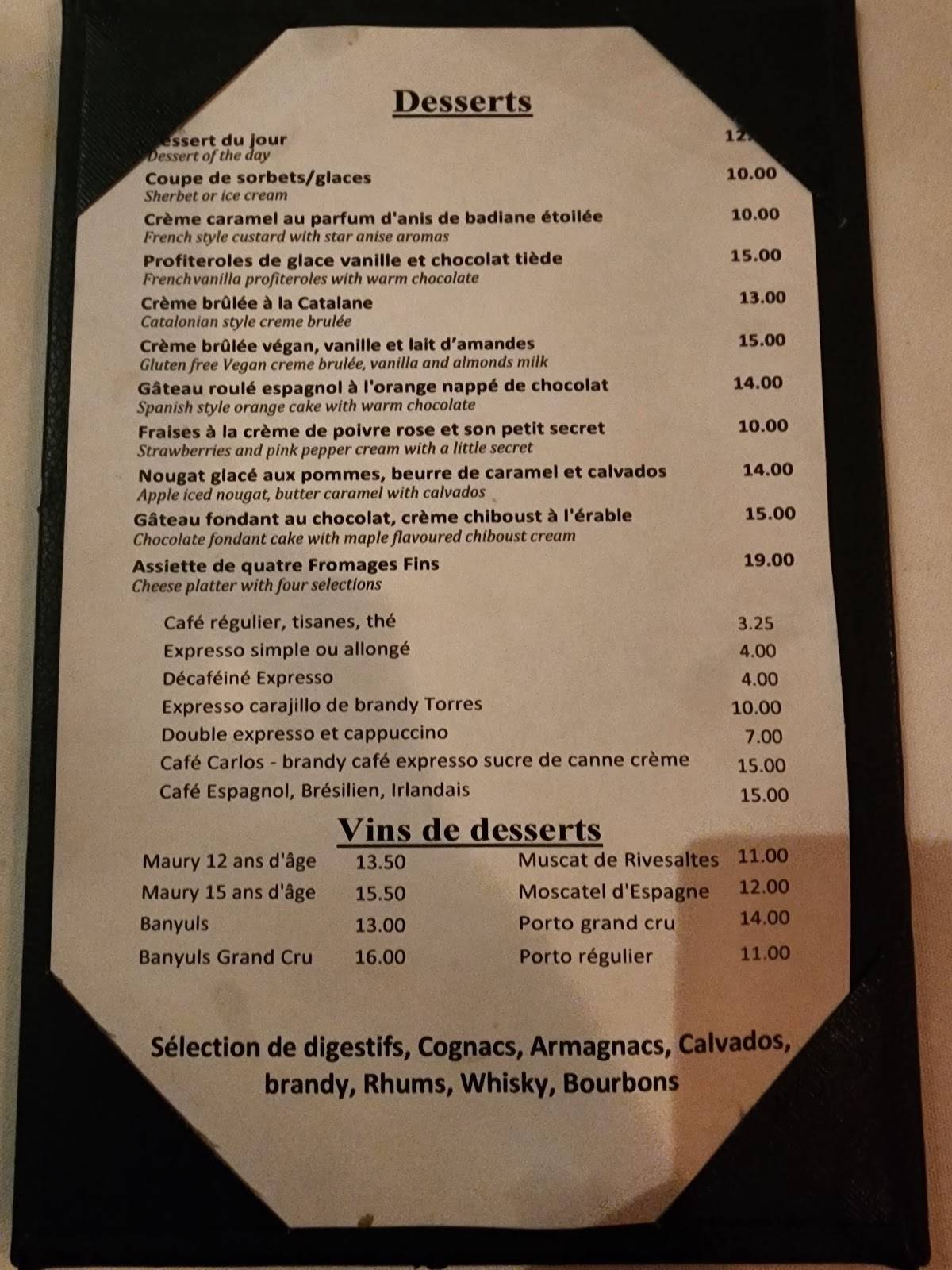 Menu au Les Pyrénées restaurant, Montréal