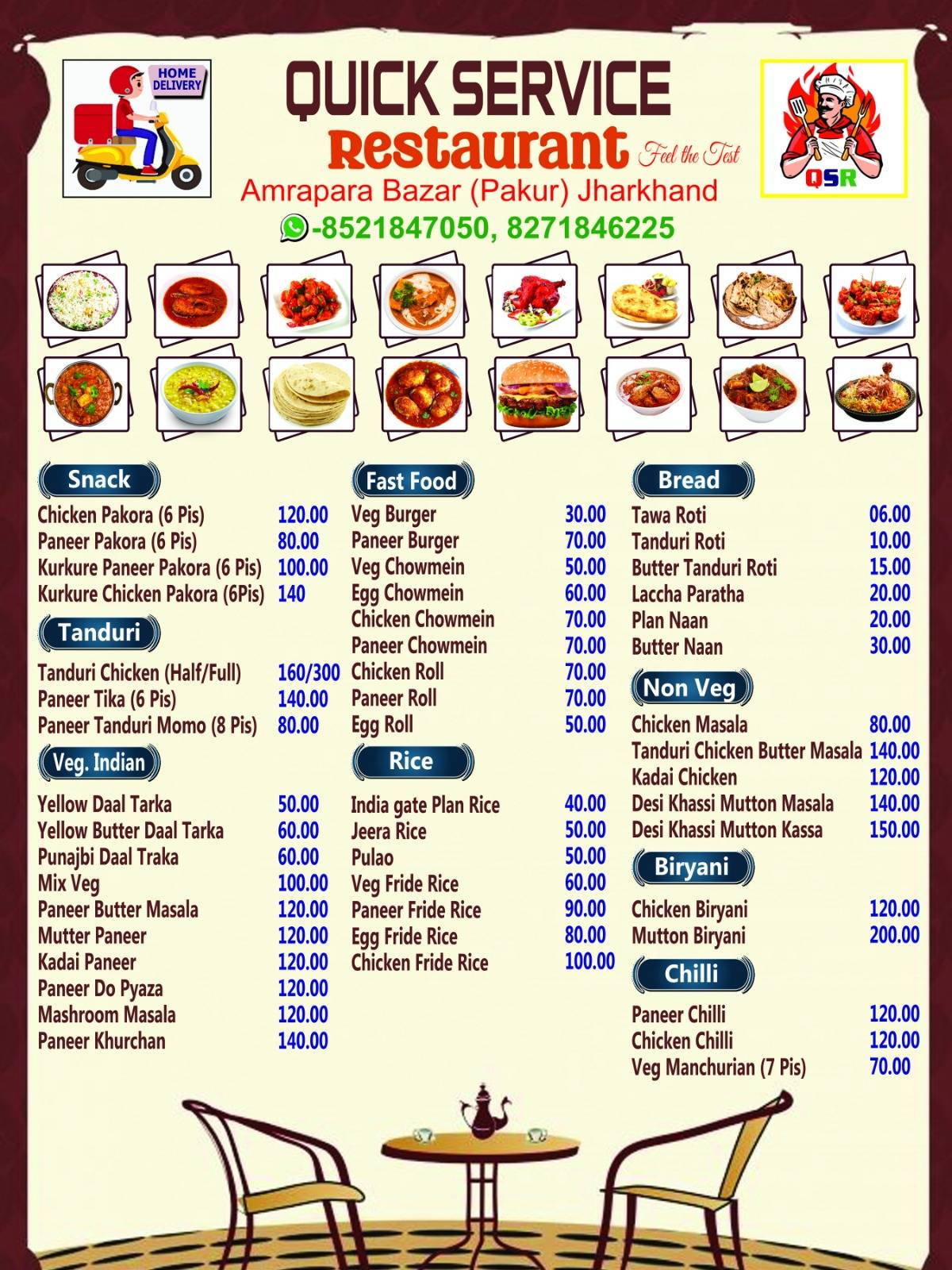 Menu at QUICK SERVICE RESTAURANT, India, near by Bank of India