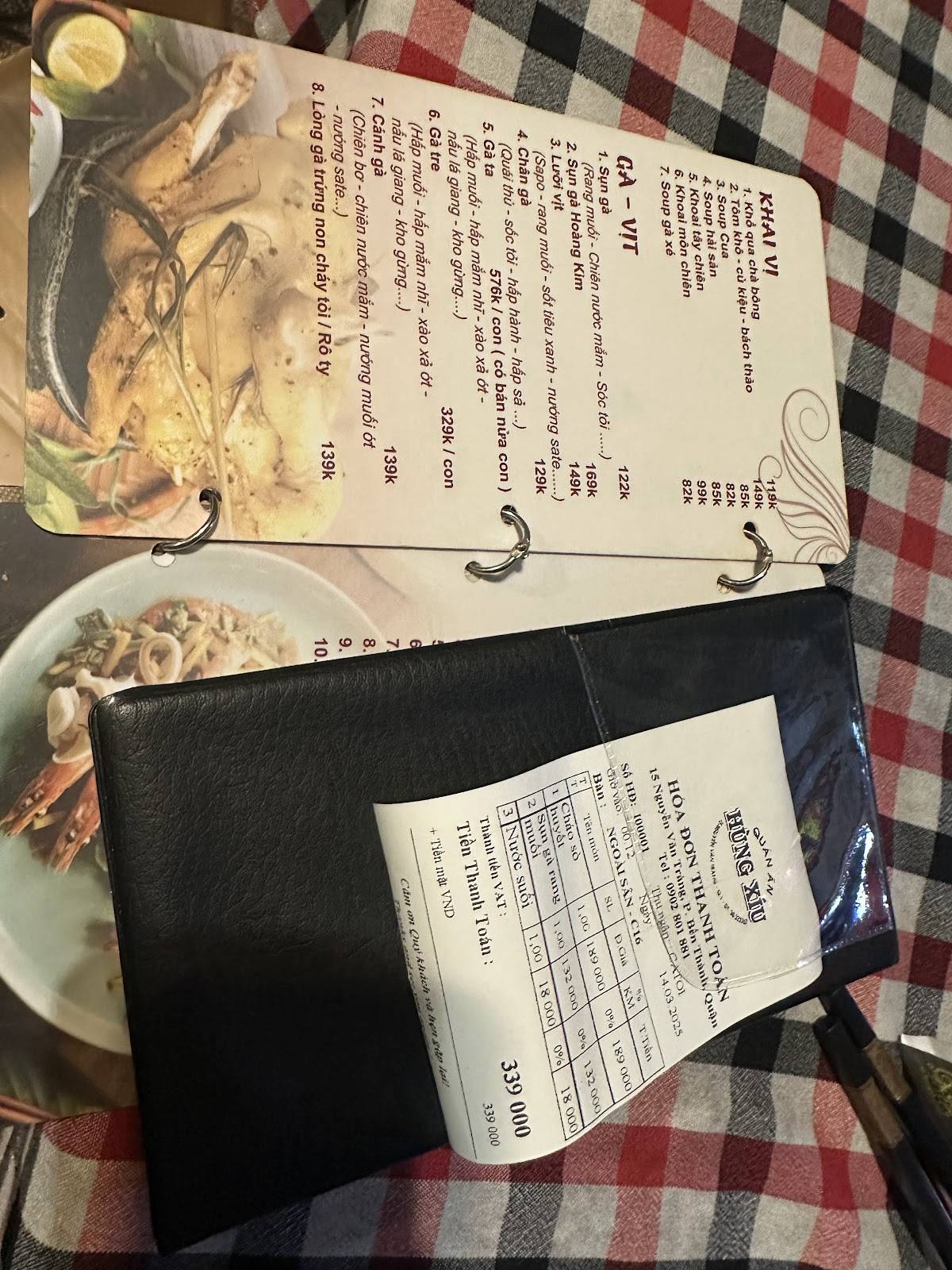 Menu at Quán Ăn Hùng Xíu restaurant, Ho Chi Minh City