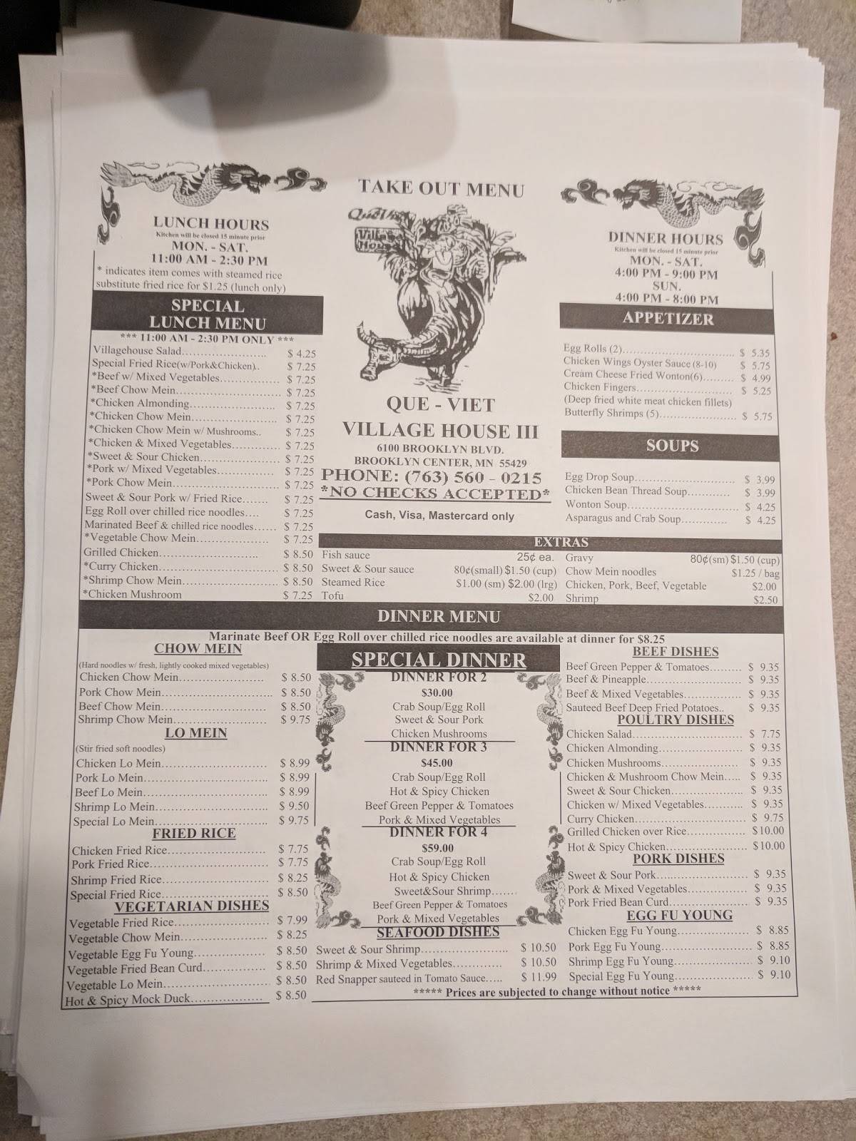 Menu at Que Viet Village House 3 restaurant, Brooklyn Center
