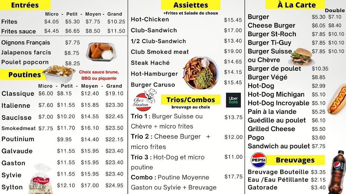 Menu au Chez Gaston fast food, Québec, 640 Wilfrid-Hamel Blvd