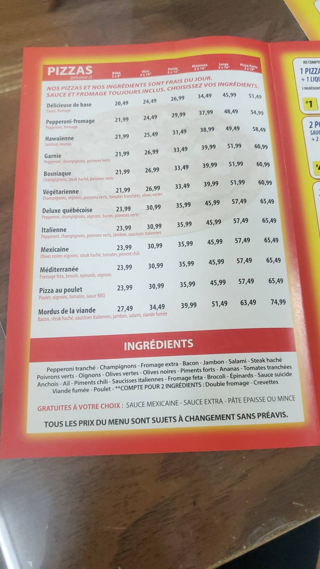 Menu au Pizza Rio pizzeria, Québec