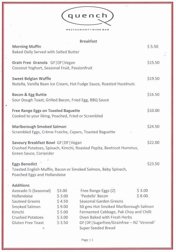 Menu at Quench Restaurant & Bar, Blenheim