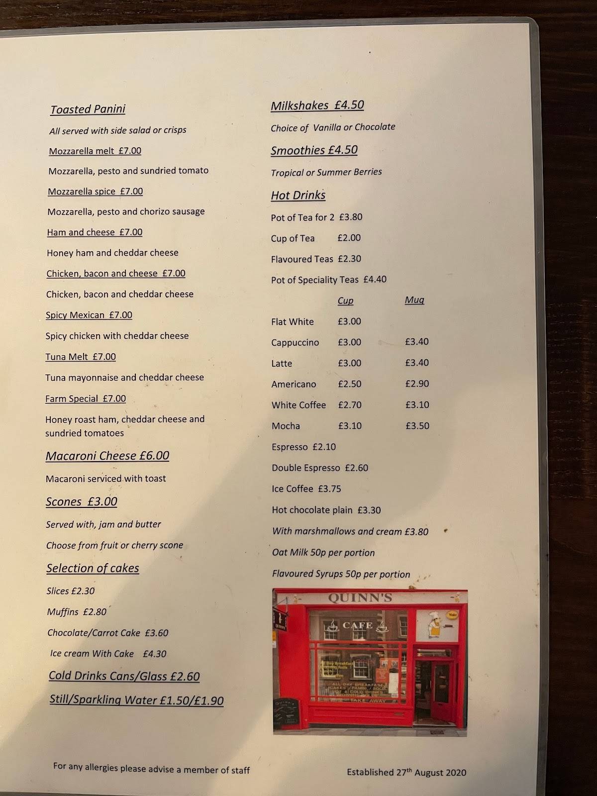 Menu at Quinn’s cafe, Edinburgh