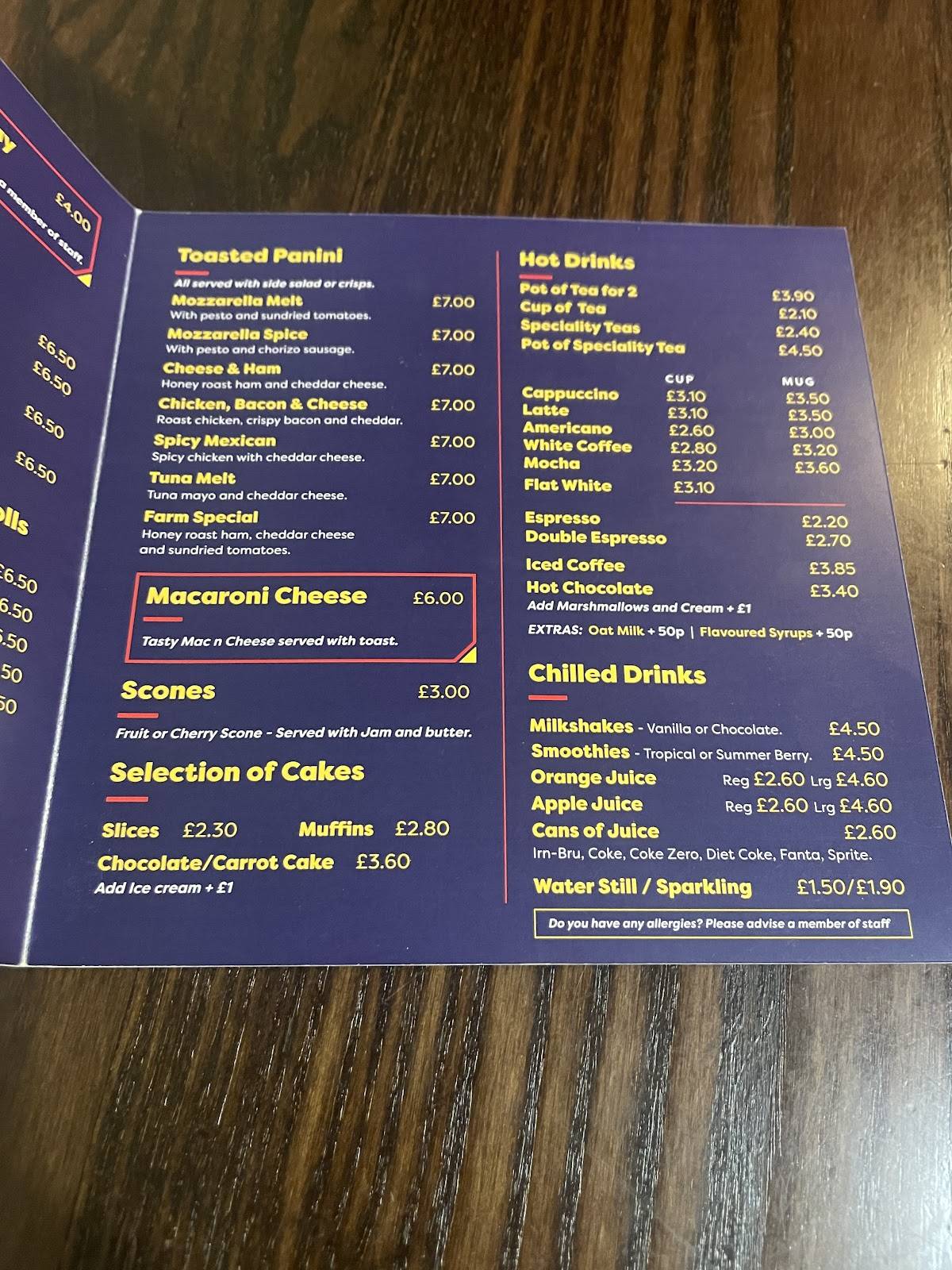 Menu at Quinn’s cafe, Edinburgh