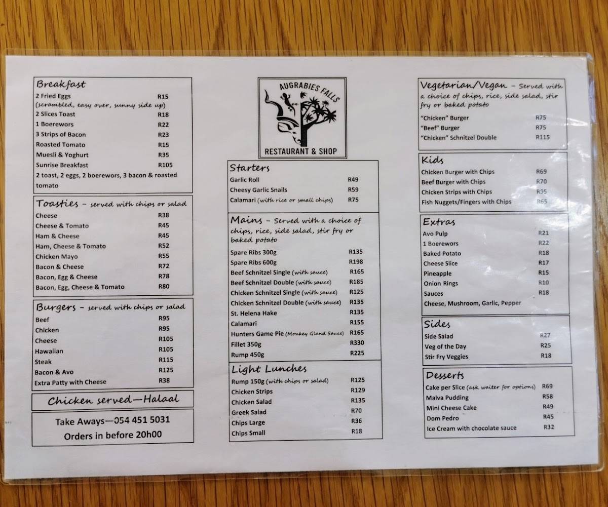 Menu at Quivertree Restaurant, South Africa