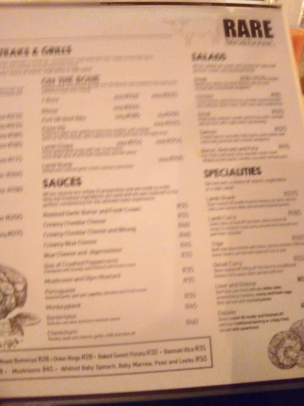 Menu at RARE Steakhouse - Clearwater Mall, Roodepoort, ShopLM 132A
