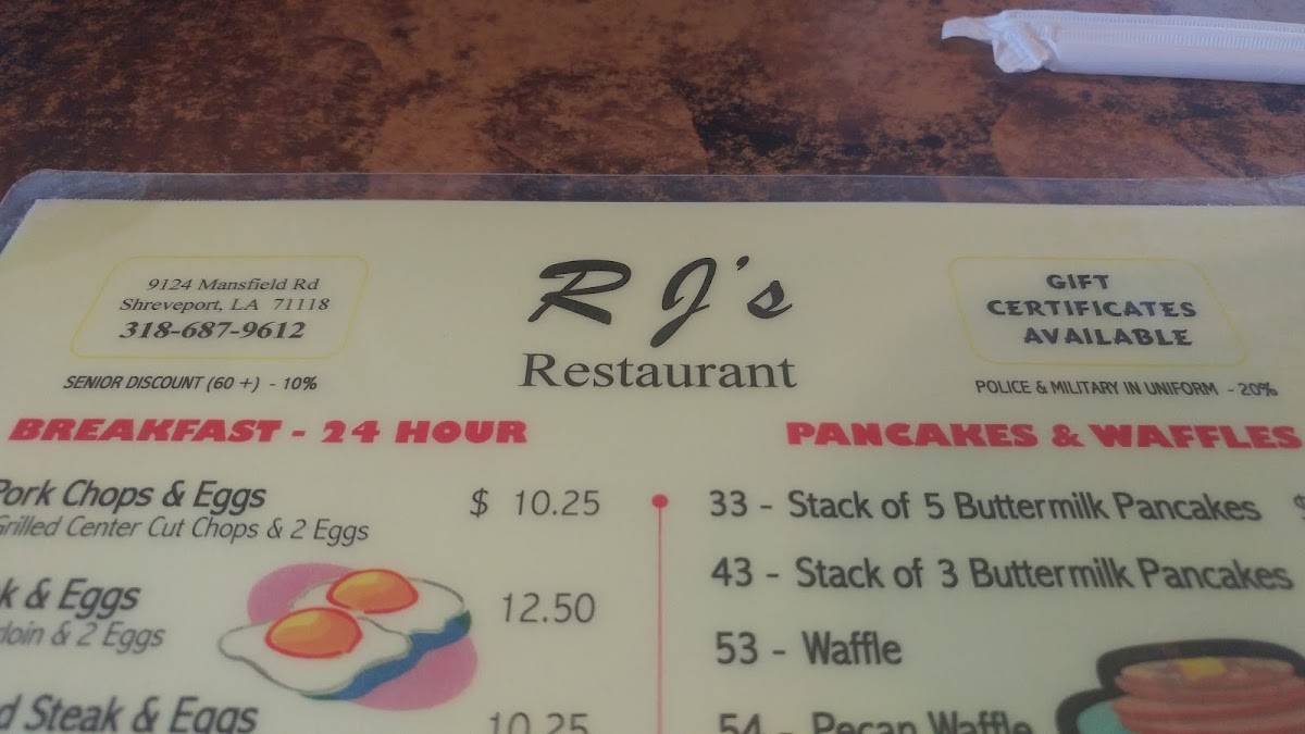 Menu at RJ's restaurant, Shreveport