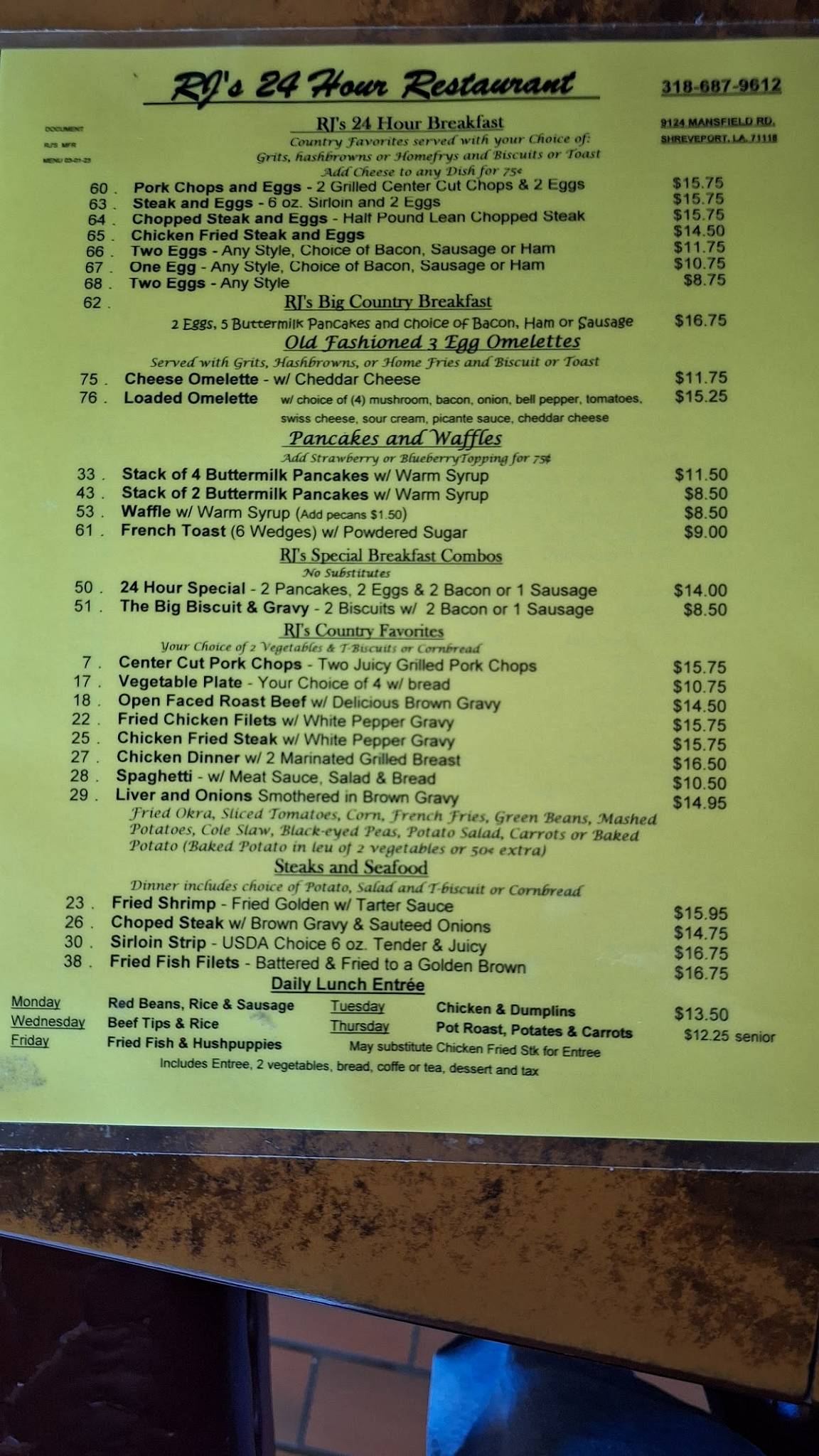 Menu at RJ's restaurant, Shreveport