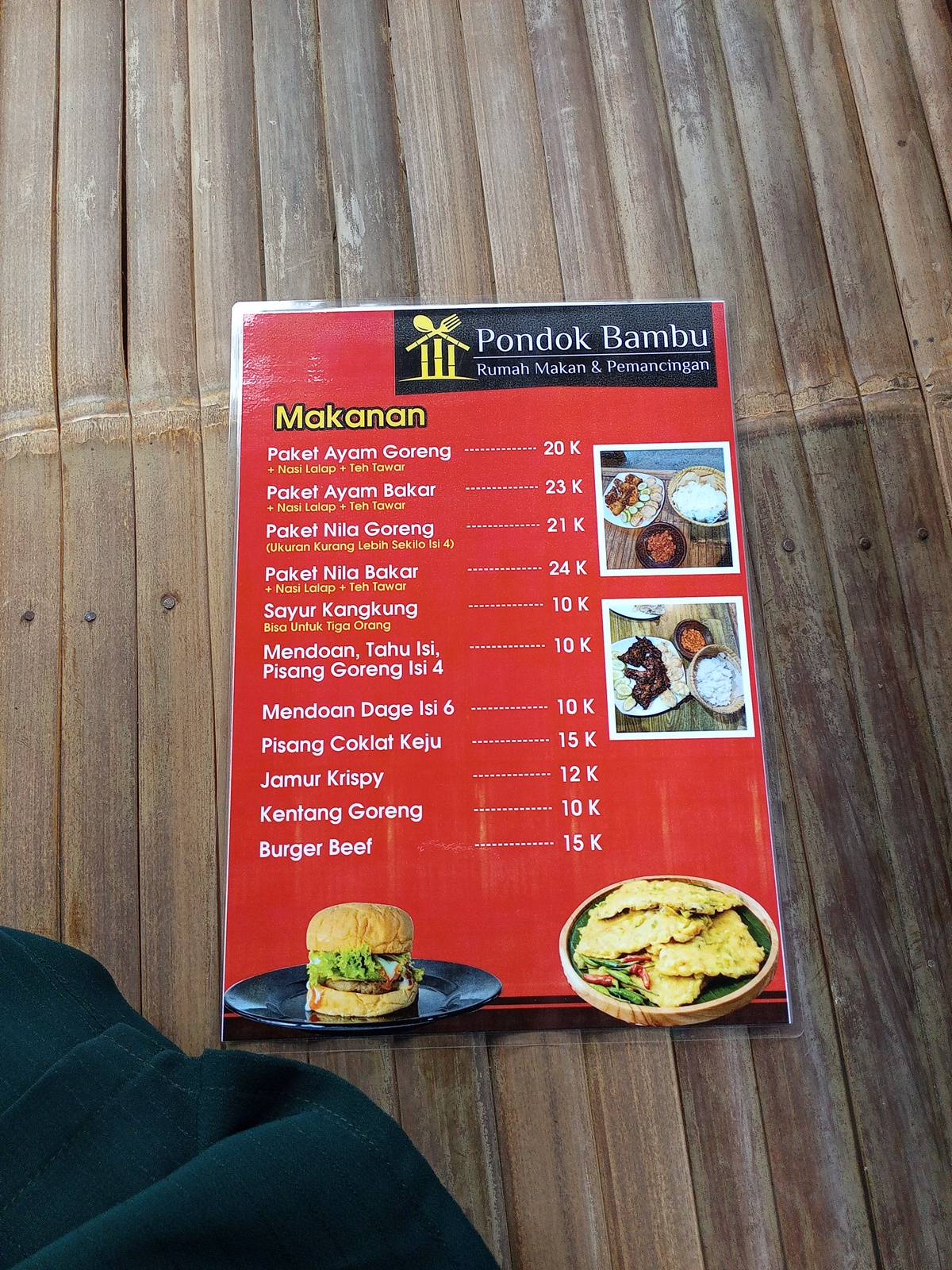 Menu at RM Pondok Bambu dan Pemancingan restaurant, Purwokerto