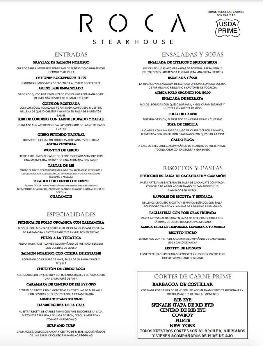 Carta de ROCA Steakhouse, Merida