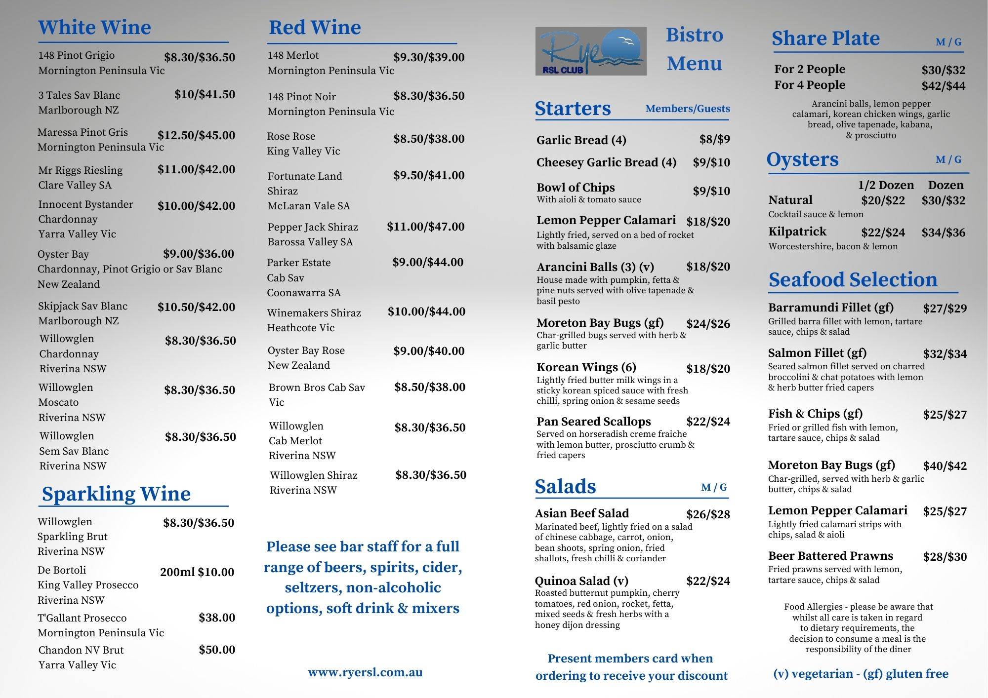 Menu at RYE RSL restaurant, Rye