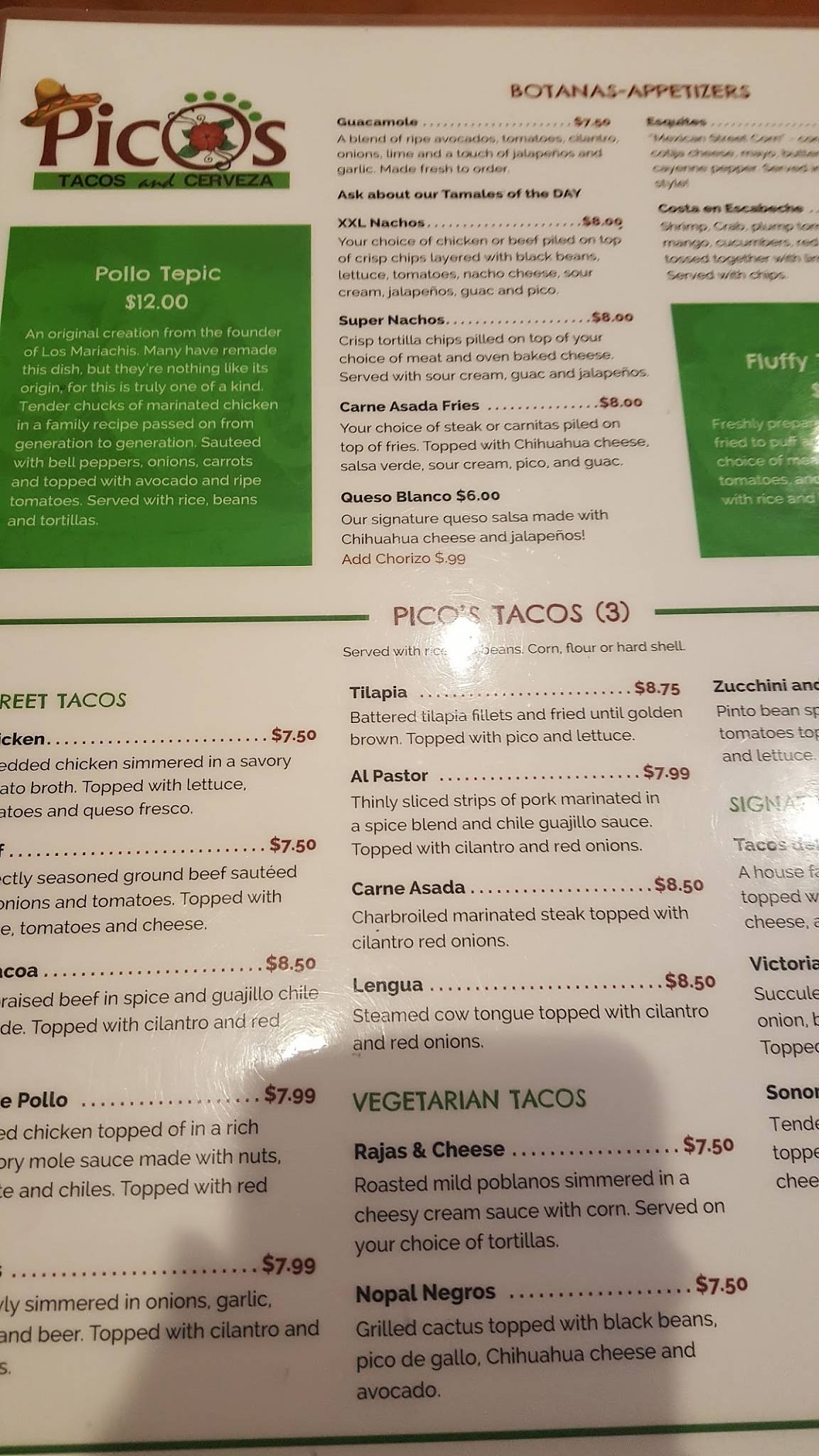 Menu at Pico's Tacos and Cerveza restaurant, Racine