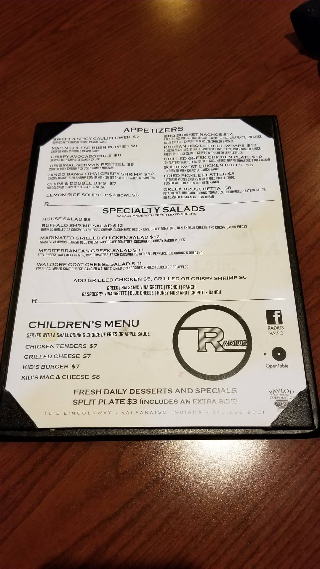 Menu at Radius pub & bar, Valparaiso