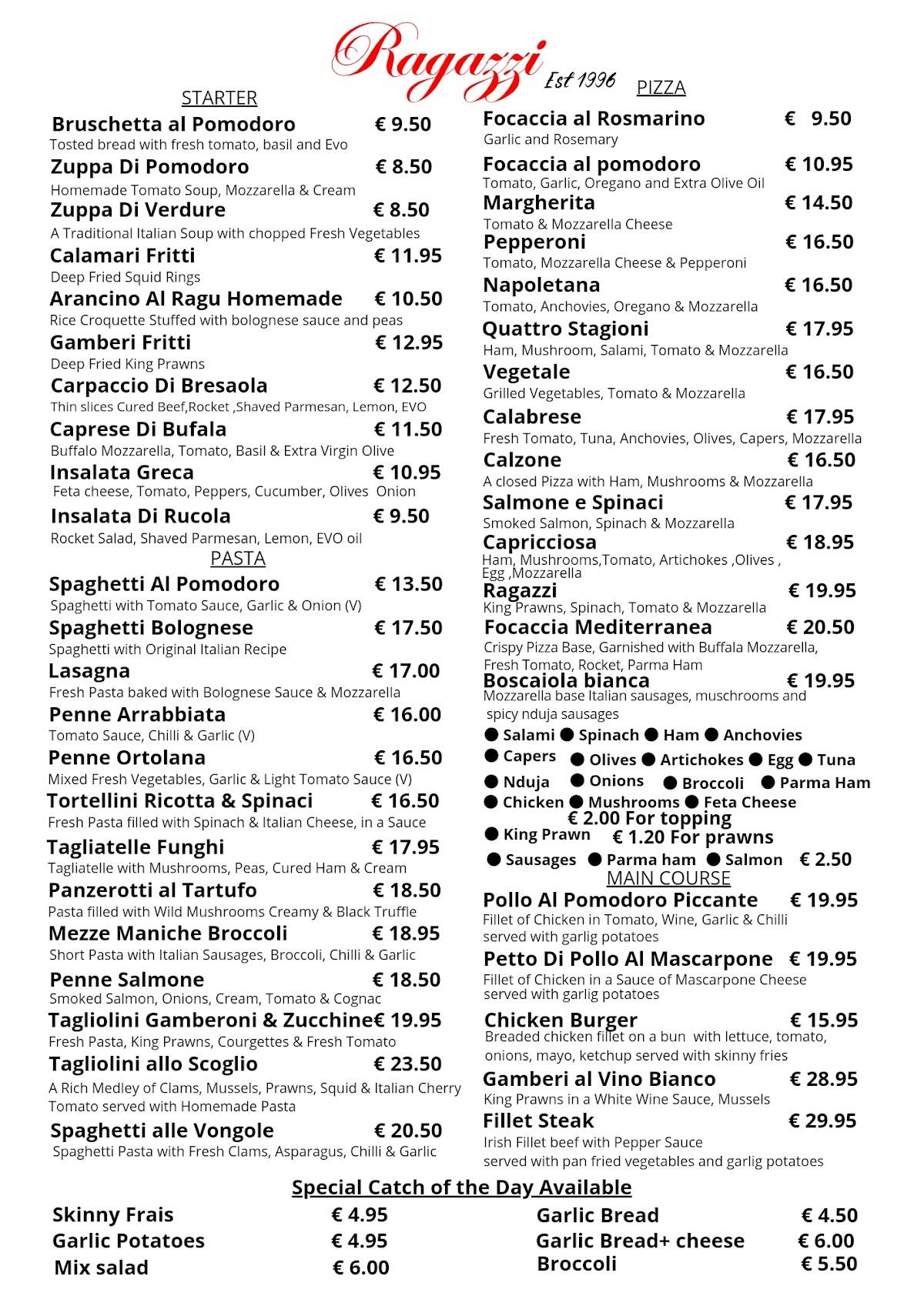 Menu at Ragazzi Restaurant, Dublin