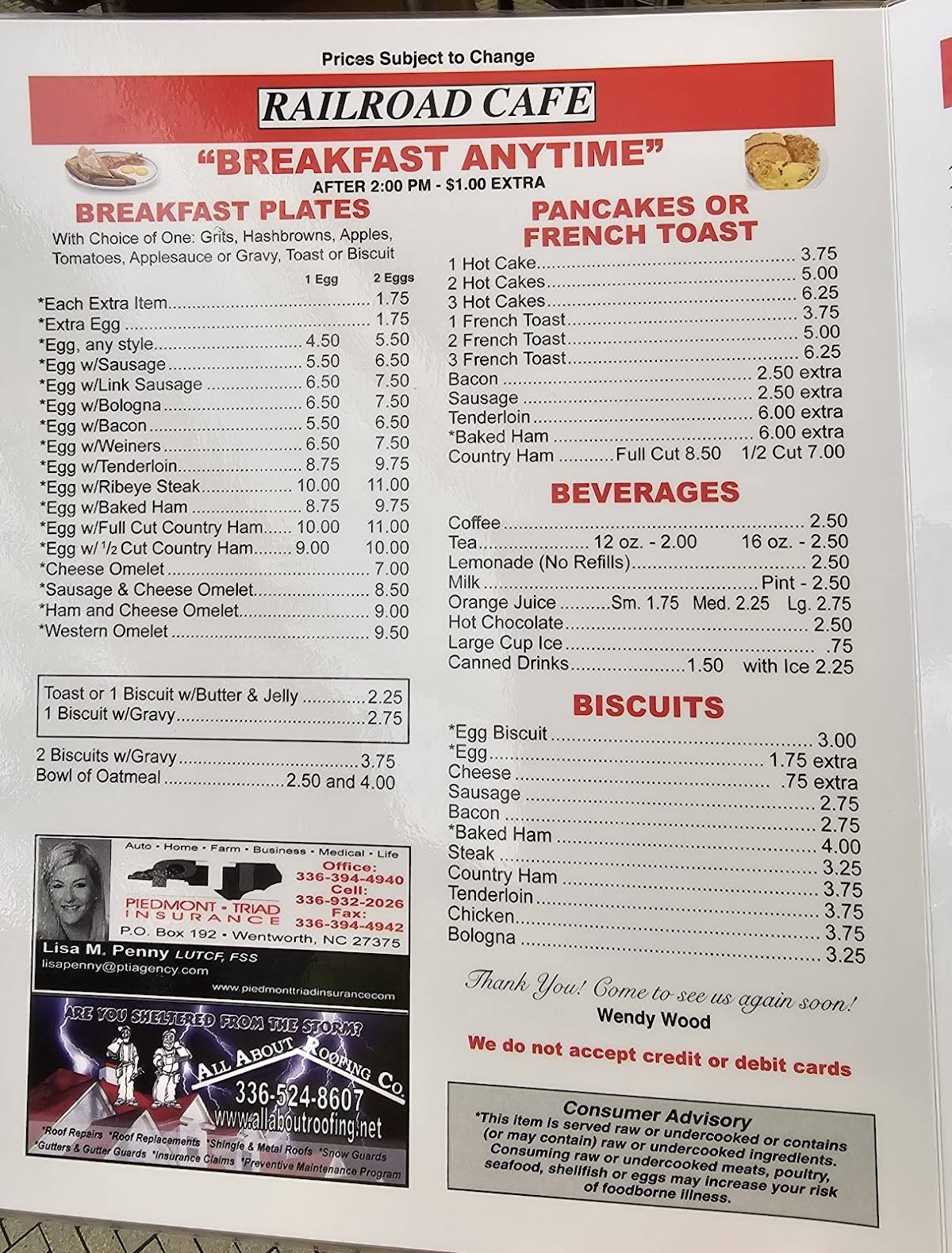 Menu at Railroad Cafe, Eden