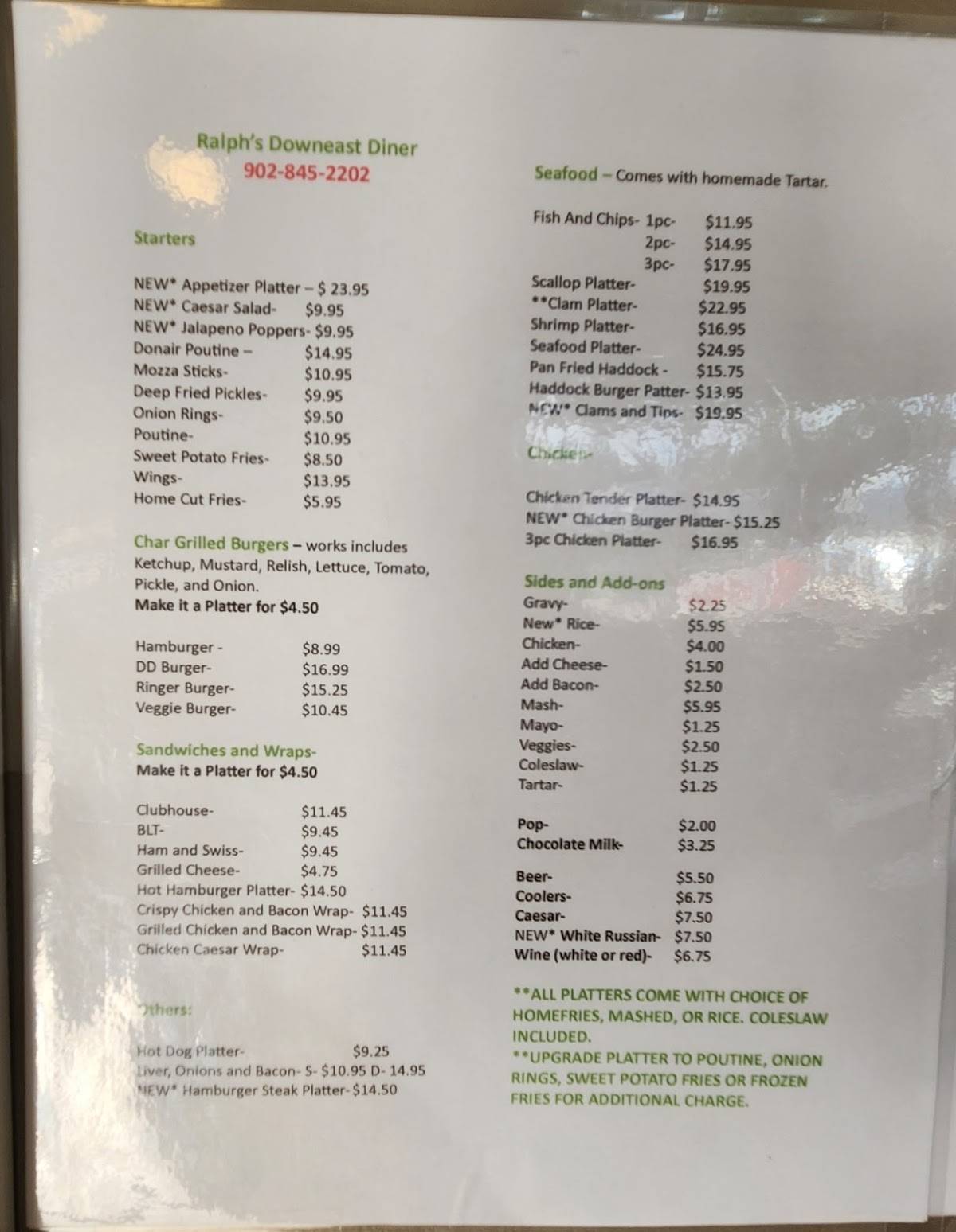 Menu at Ralph's Downeast Diner restaurant, Lake Charlotte