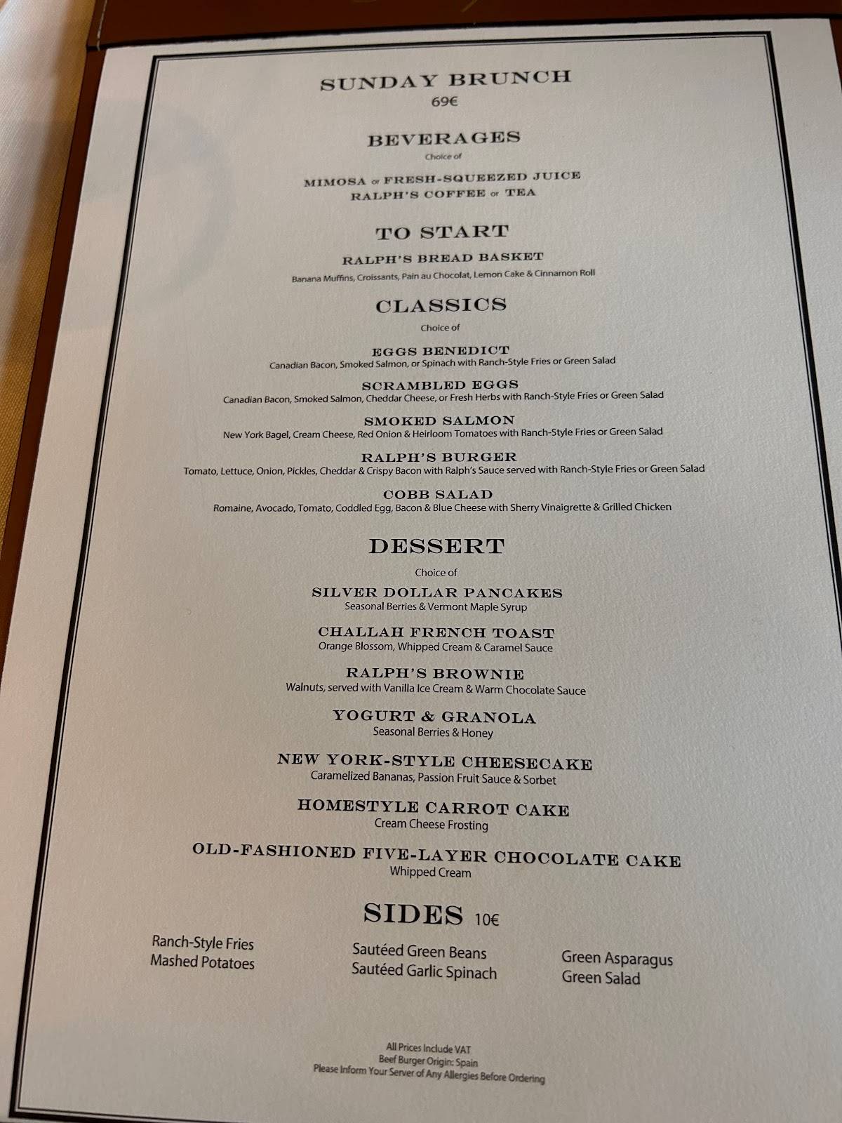 Menu at Ralph's pub & bar, Paris