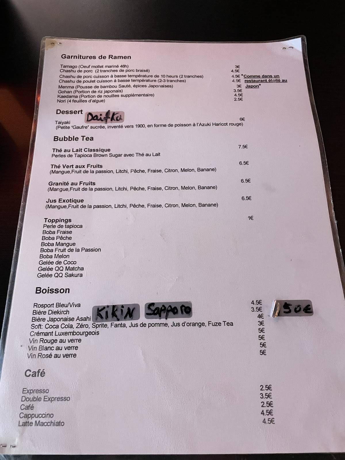 Menu au Ramen Samurai restaurant, Luxembourg