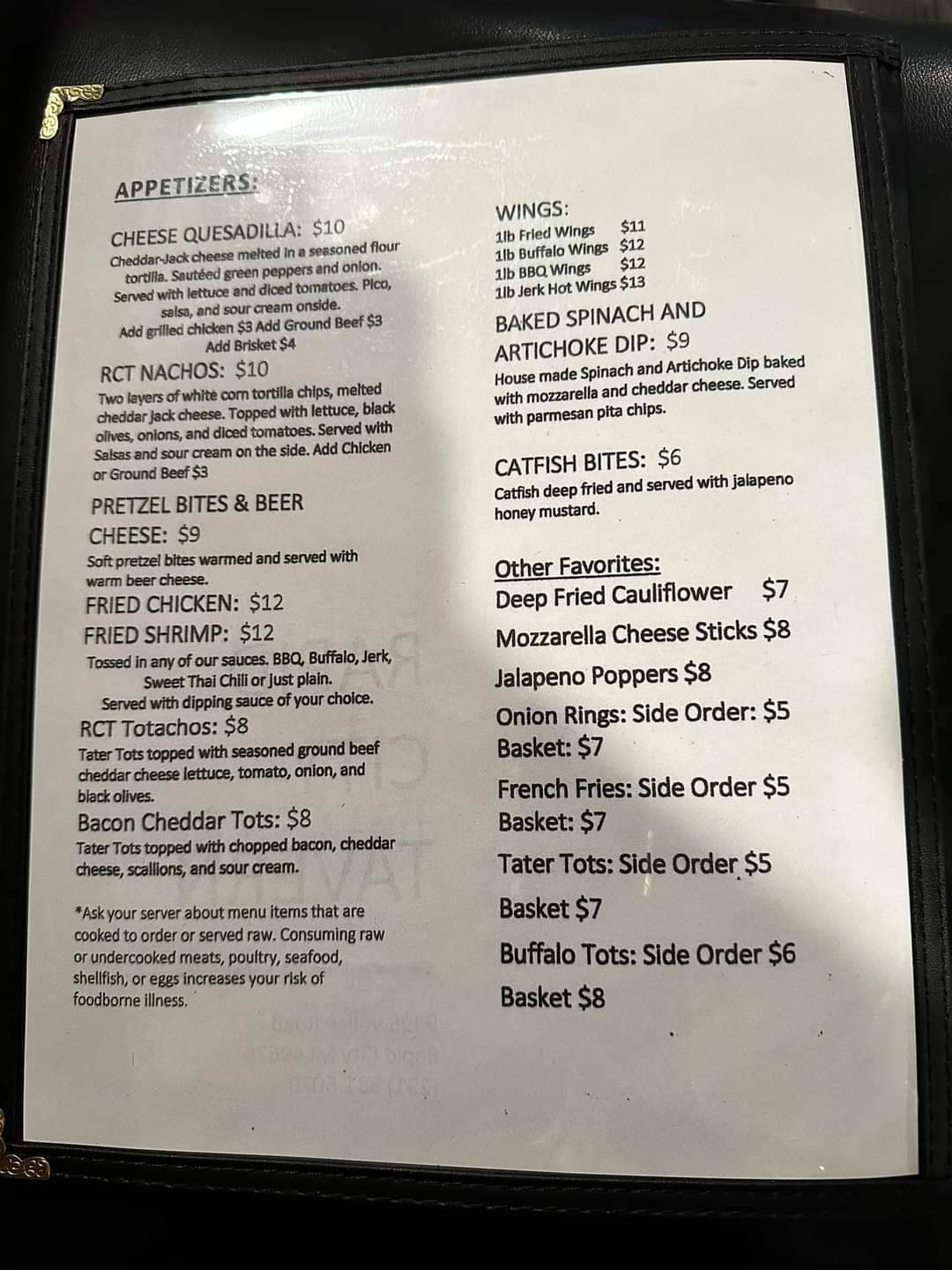 Menu at Rapid City Tavern pub & bar, Rapid City
