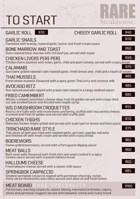 Menu at RARE Steakhouse - Clearwater Mall, Roodepoort, ShopLM 132A