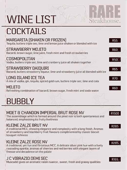 Menu at RARE Steakhouse - Clearwater Mall, Roodepoort, ShopLM 132A