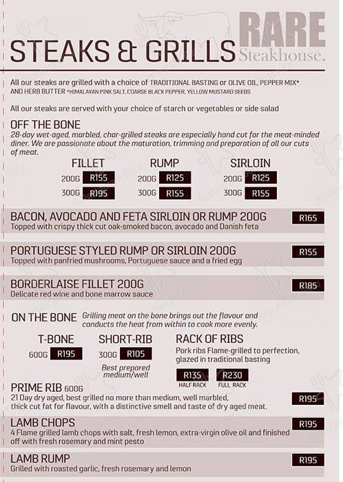 Menu at RARE Steakhouse - Clearwater Mall, Roodepoort, ShopLM 132A