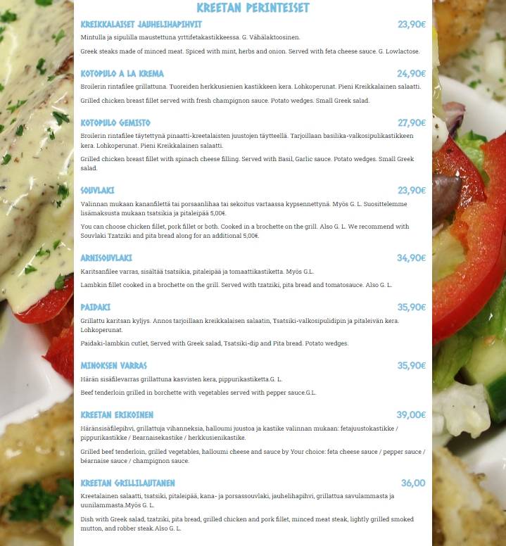 Menu at Ravintola Kreeta restaurant, Kuopio