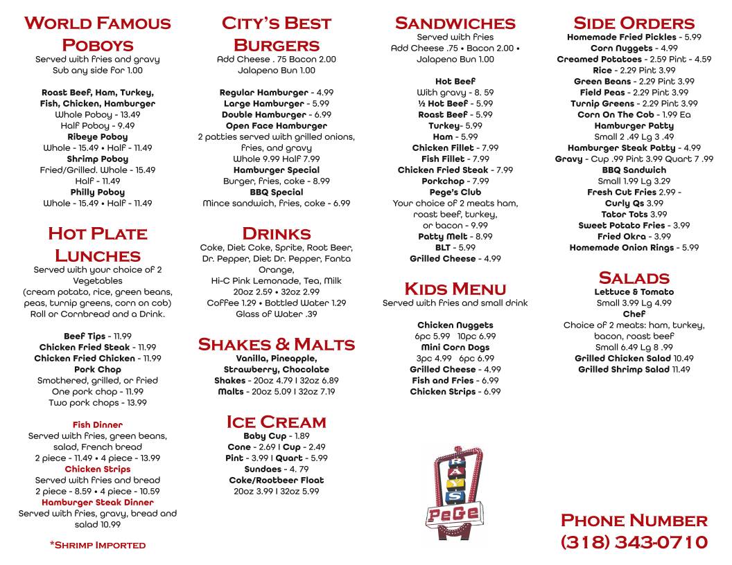 Menu at Ray's PEGE restaurant, Monroe, Desiard Street